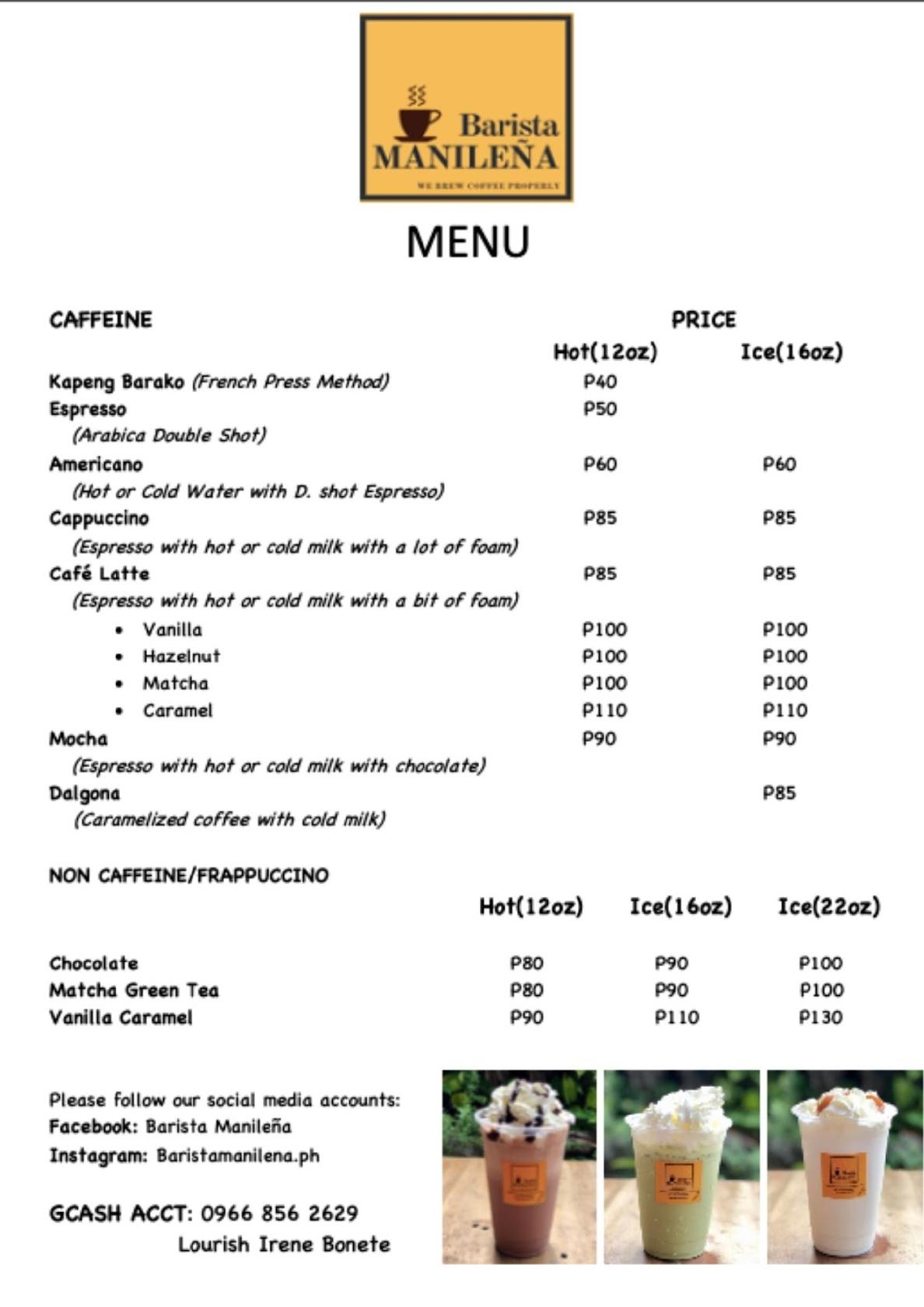 Menu at Barista Manileña, Manila