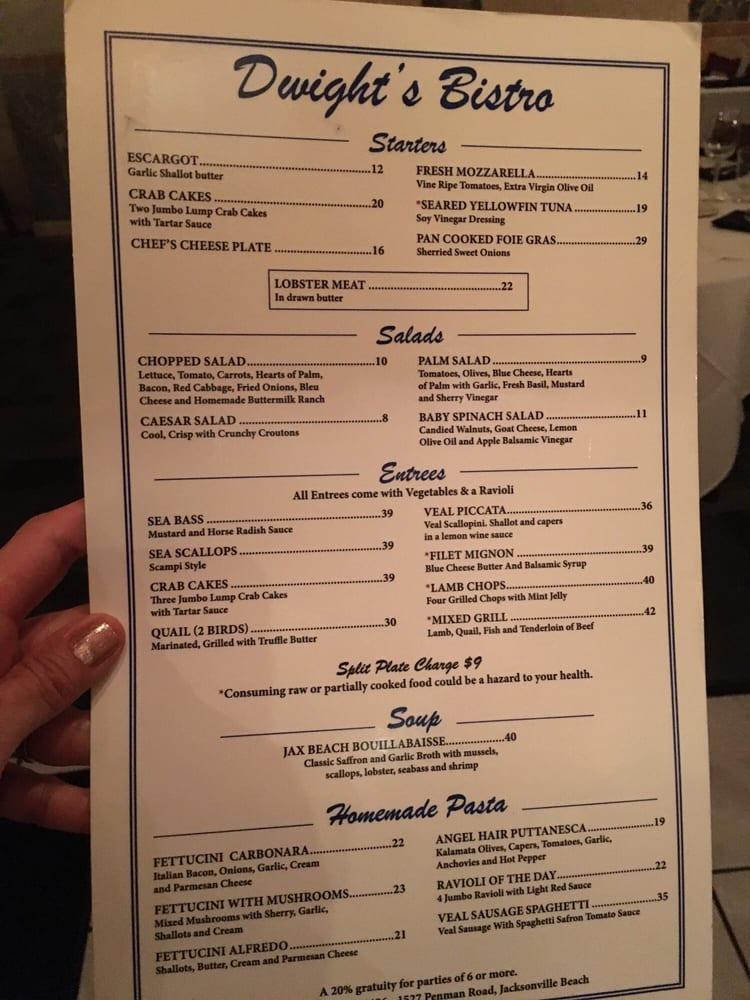 Menu at Dwight's Bistro restaurant, Jacksonville Beach