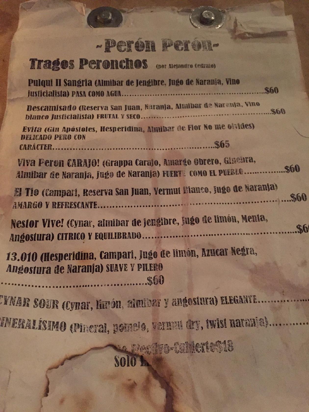 Menu at Perón Perón RestoBar, Buenos Aires