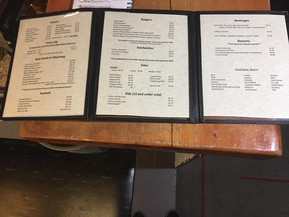 Menu at Frank's Fort Diablo steakhouse, Glenrock, US-87