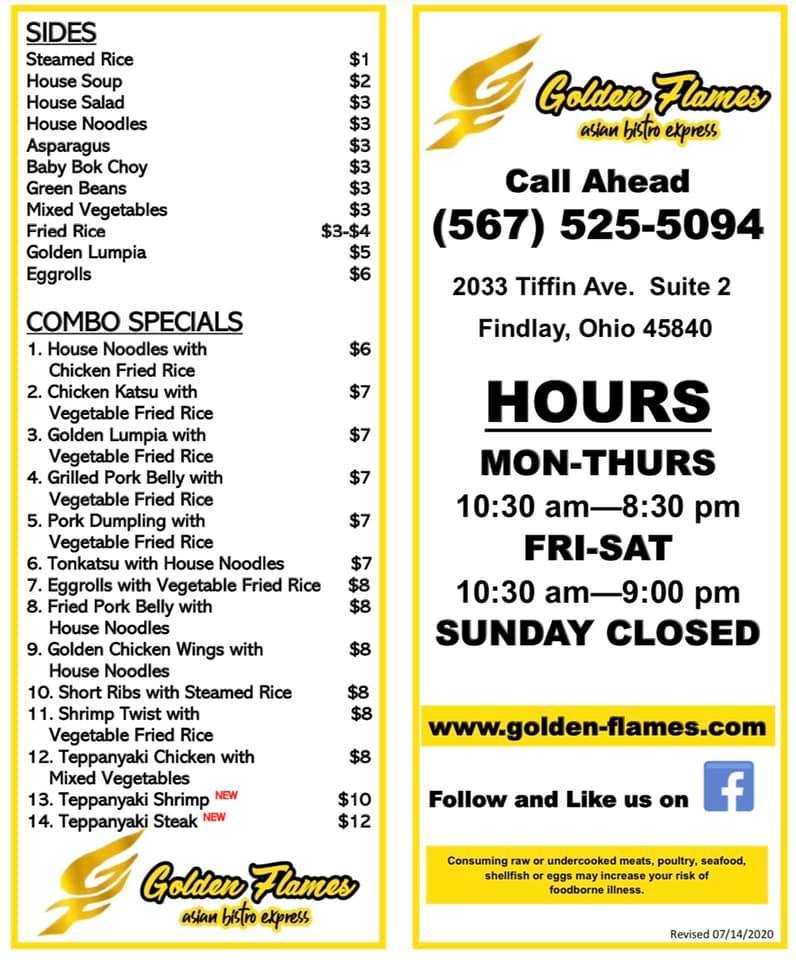 Menu at Golden Flames Asian Bistro Express restaurant, Findlay