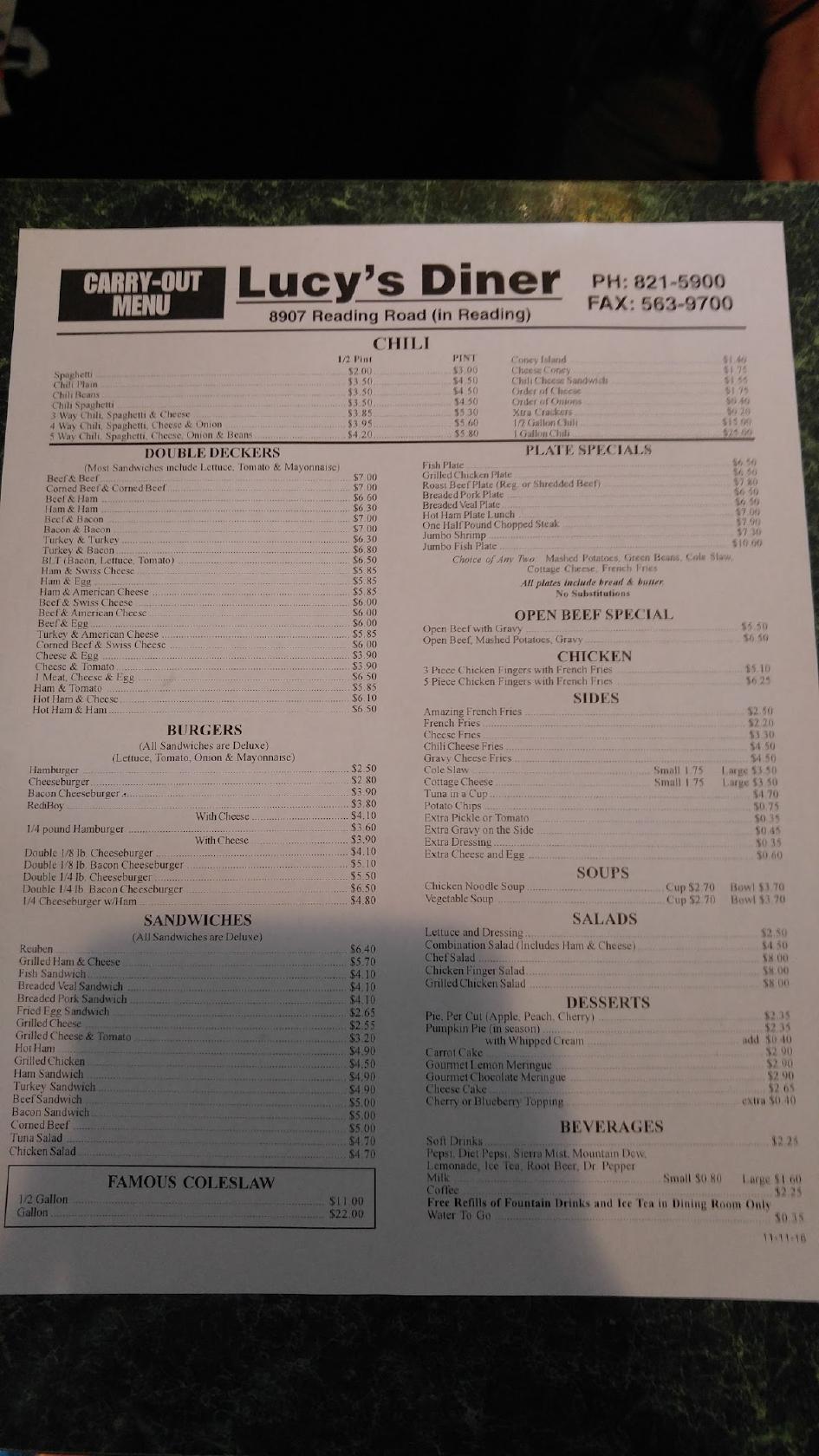 Menu at Lucy's Diner restaurant, Reading
