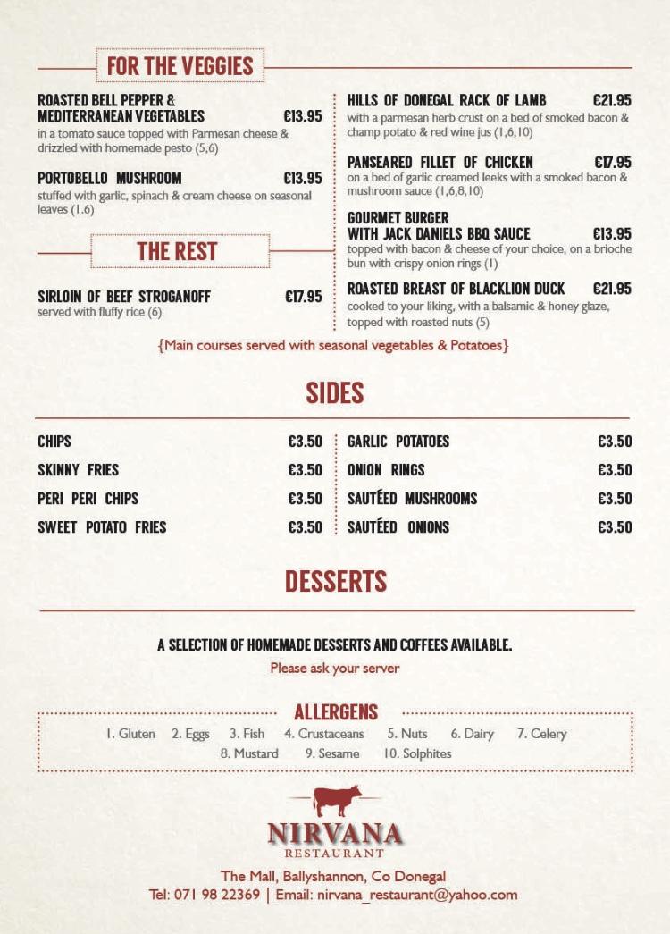 Menu at Nirvana Restaurant, Ballyshannon