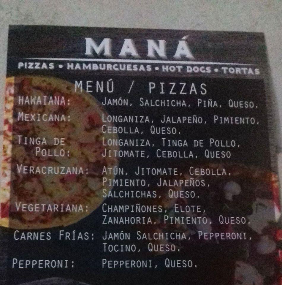 Menu at Pizzeria MANÁ, Zacatepec de Hidalgo