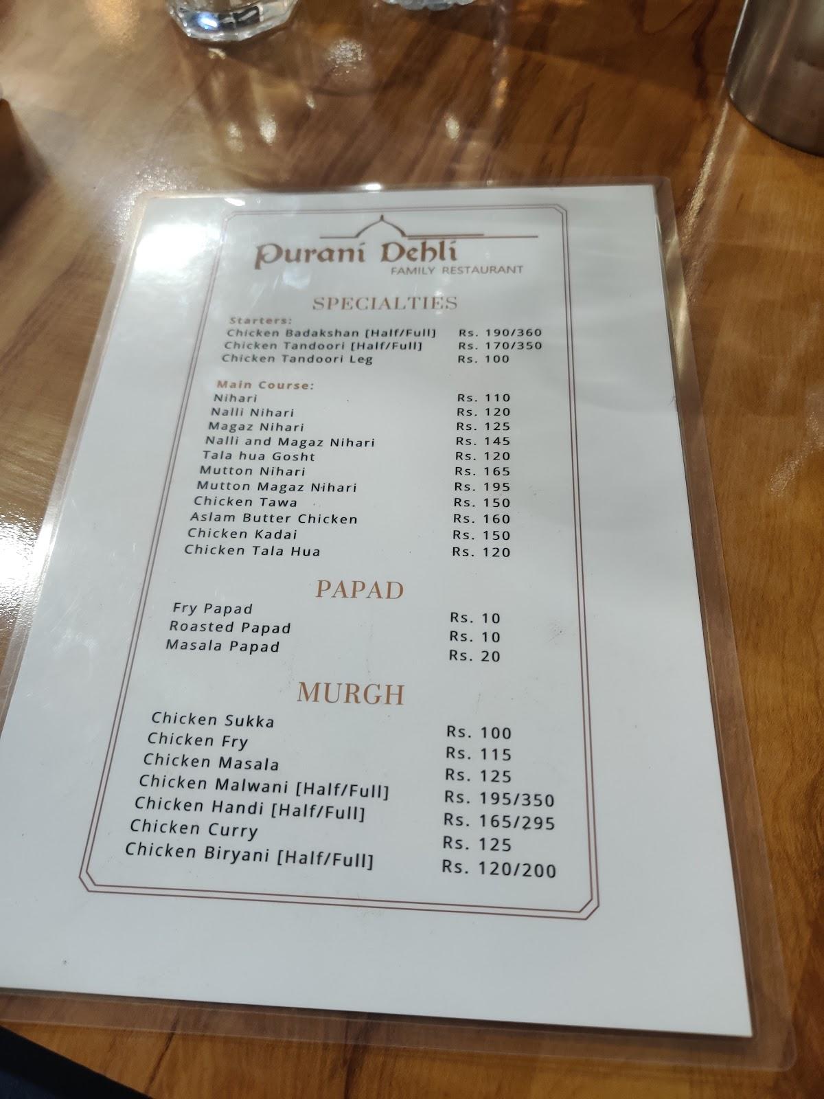 Menu at Purani Delhi, Aurangabad