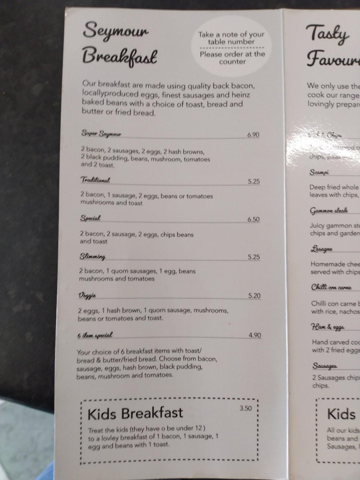 Menu at Seymour Cafe, Gloucester