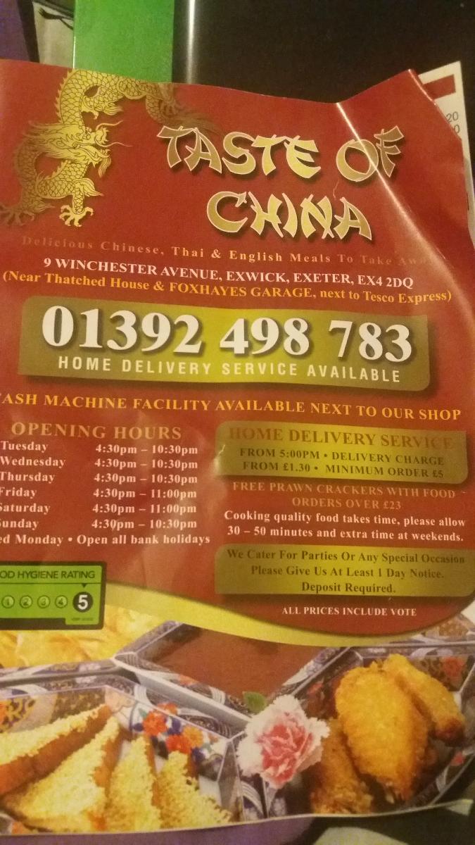 Menu at Taste Of China fast food, Exeter