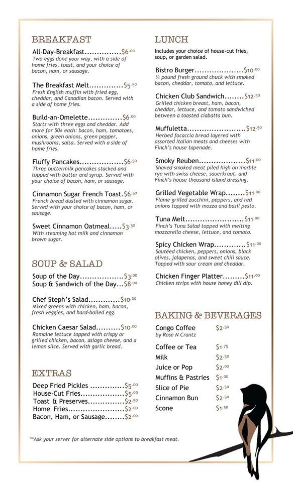 Menu at The Finch cafe, Thunder Bay