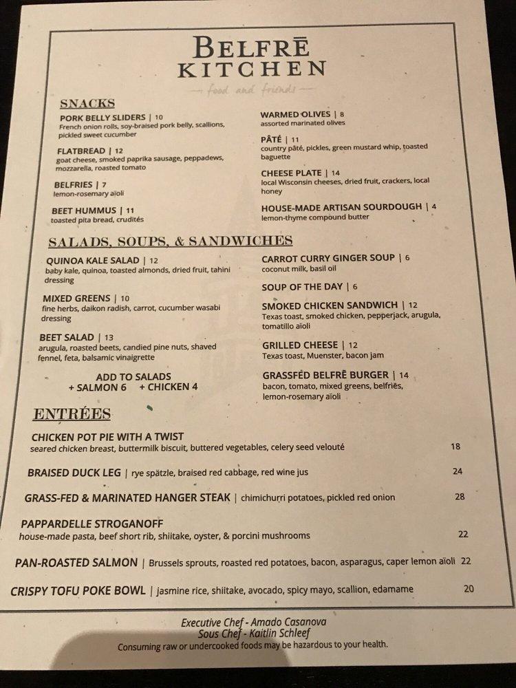 Menu at Belfrē Kitchen restaurant, Delafield