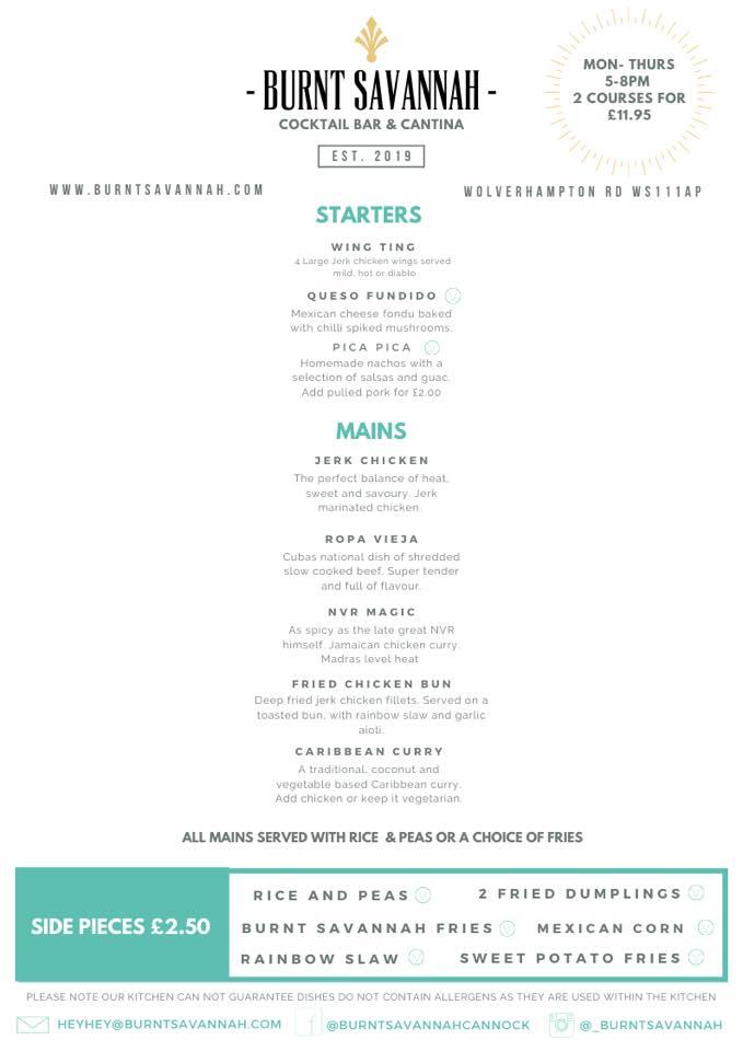 Menu at Burnt Savannah pub & bar, Cannock