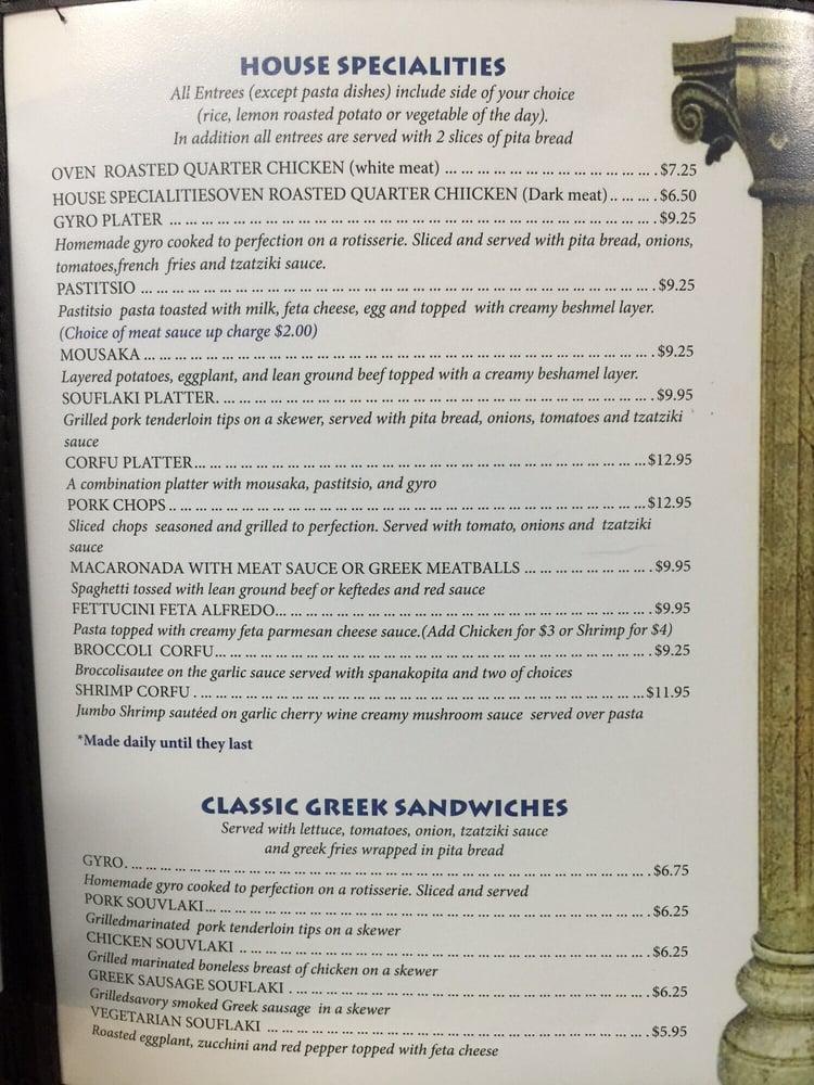 Menu at Corfu Greek Restaurant, Winter Springs