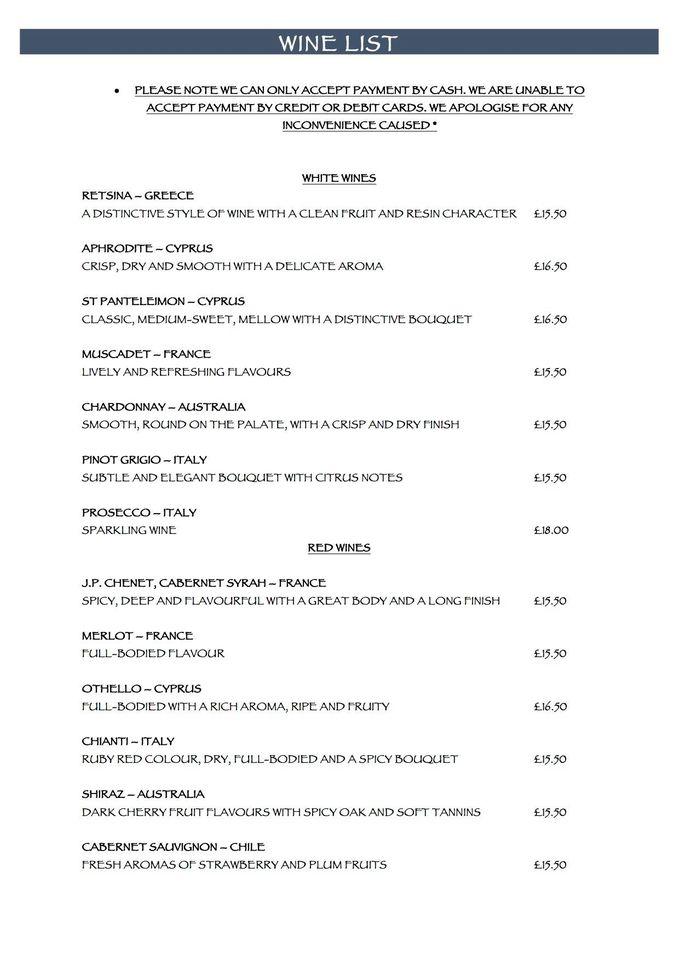Menu at Demetrio’s restaurant, New Romney