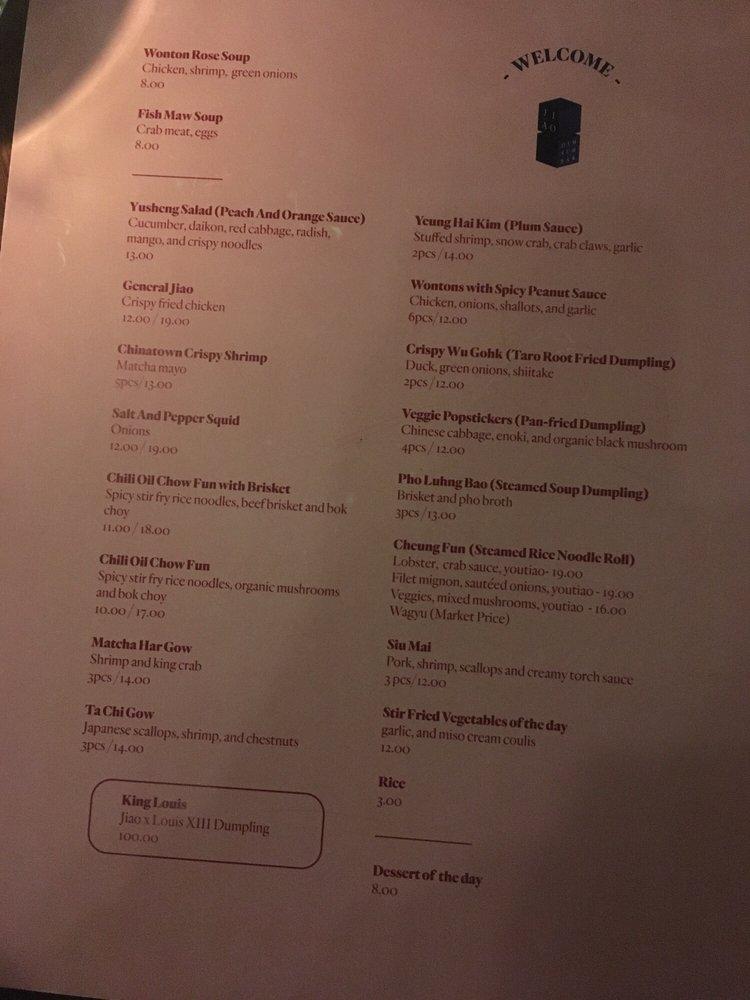 Menu at JIAO DIM SUM BAR, Montréal