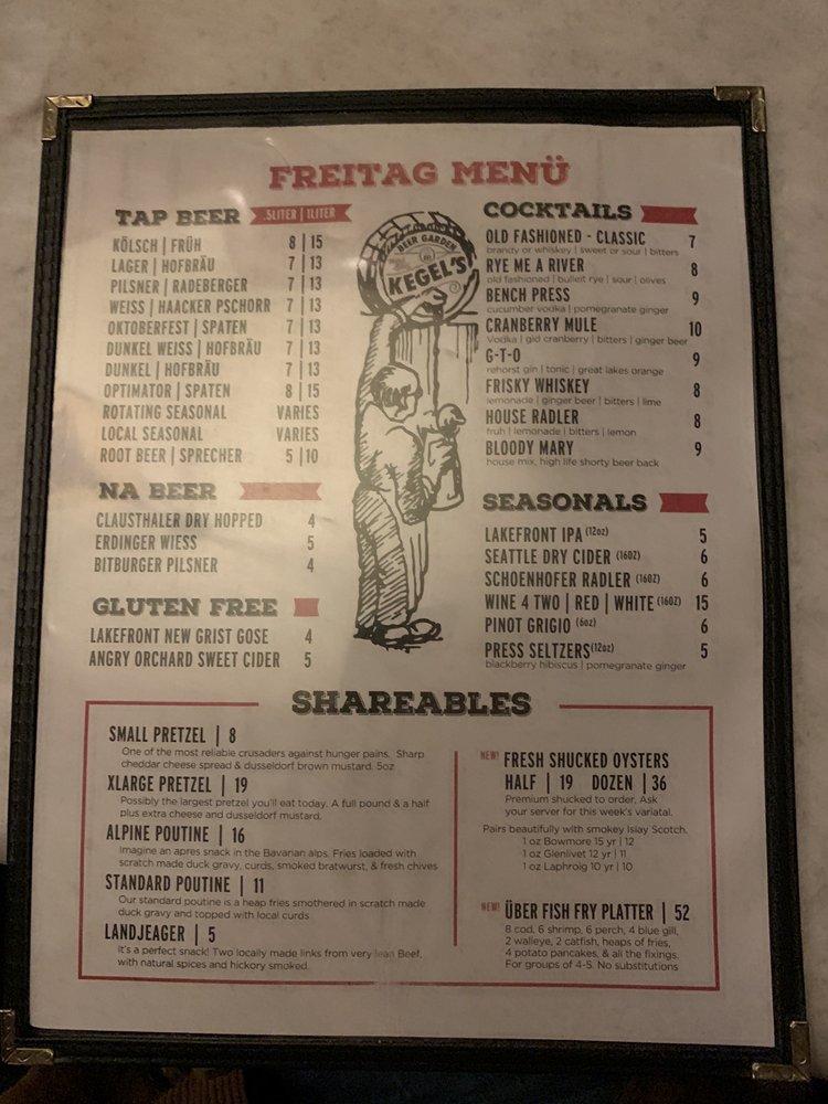 Menu at Kegel's Inn restaurant, West Allis