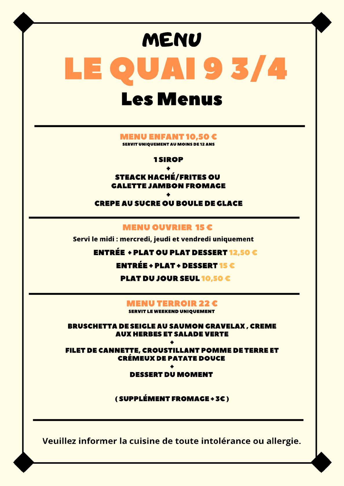 Menu au Le quai 9 3/4 restaurant, Lantriac
