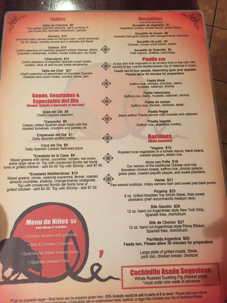 Menu at Ole Tapas Lounge and Restaurant, Newark