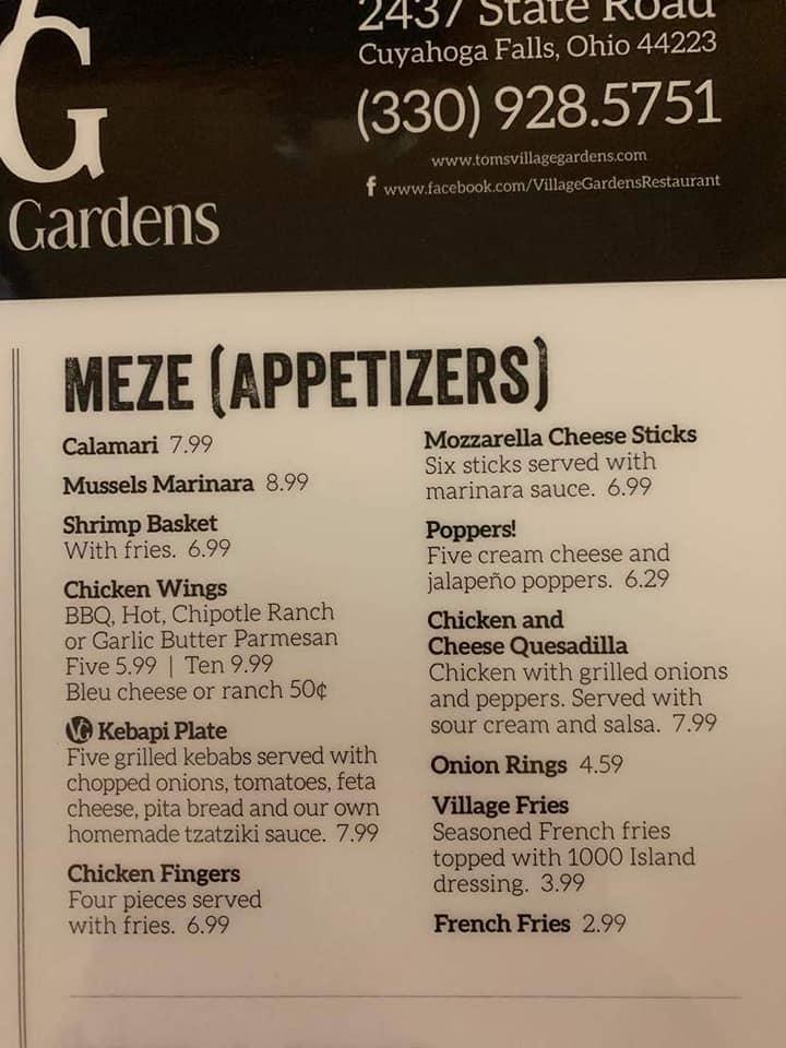 Menu at Village Gardens restaurant, Cuyahoga Falls