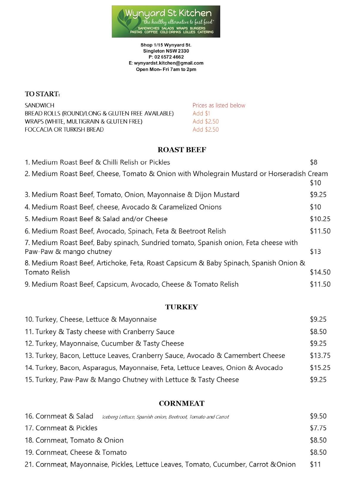 Menu at Wynyard St. Kitchen fast food, Singleton