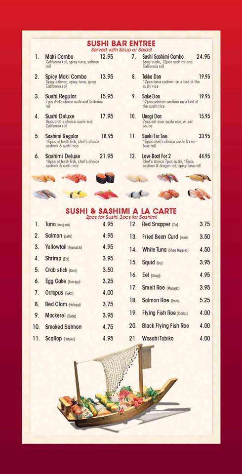 Menu at Yamazaki Sushi and Hibachi restaurant, Columbus