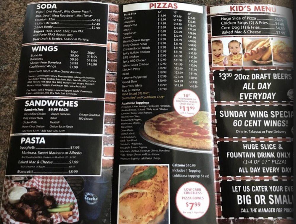 Menu at Zesty Zzeeks Pizza & Wings pizzeria, Chandler, S Arizona Ave #4