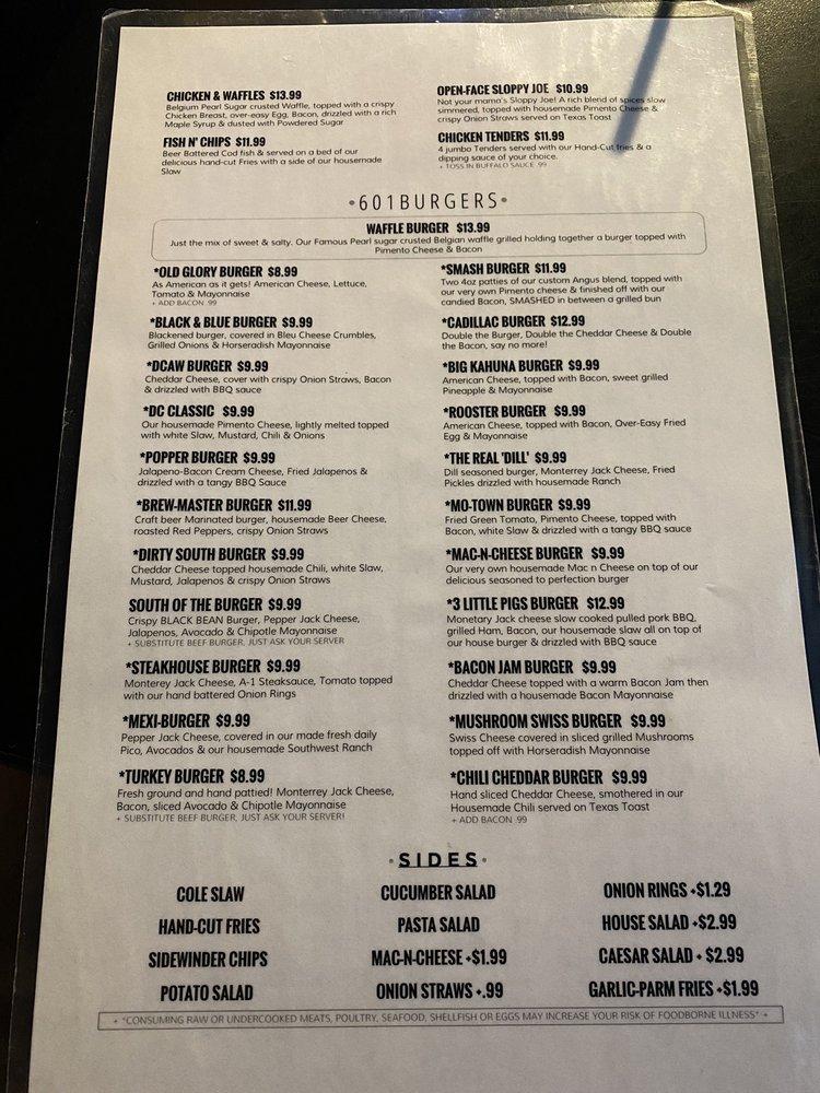 Menu at 601 BURGERS AND BREWS pub & bar, Mocksville