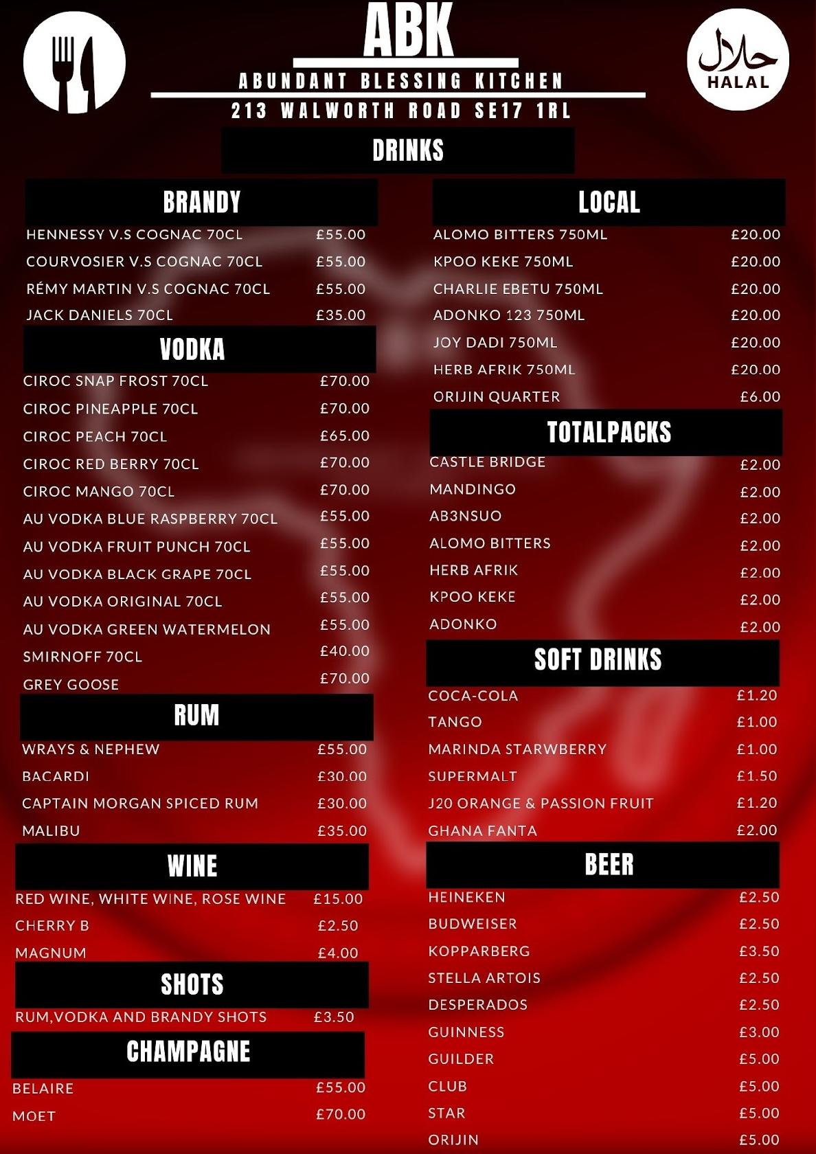 Menu at Abundant Blessing Kitchen restaurant, London