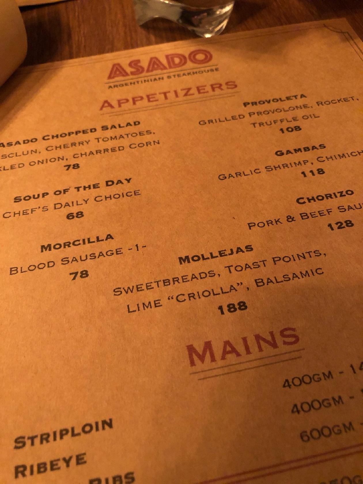 Menu at Asado - Argentinian Steakhouse (Central), Hong Kong