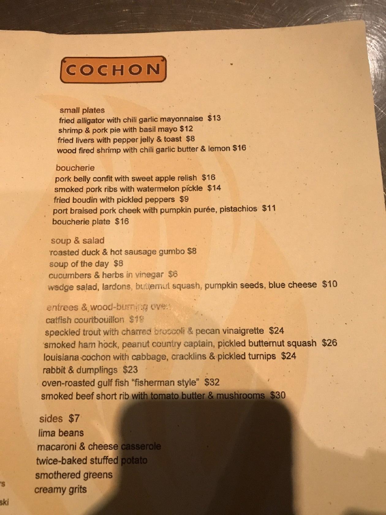 Menu at Cochon Restaurant, New Orleans, 930 Tchoupitoulas St Ste A