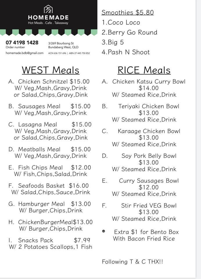 Menu at HOMEMADE Cafe&Takeaway, Bundaberg West