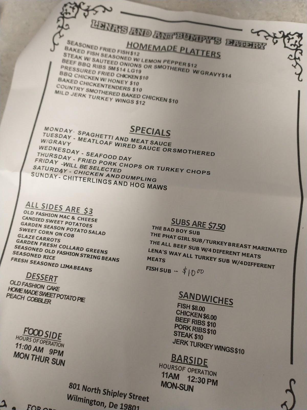 Menu at Lena’s and Ant'Bumpy's Eatery Soulfood restaurant, Wilmington