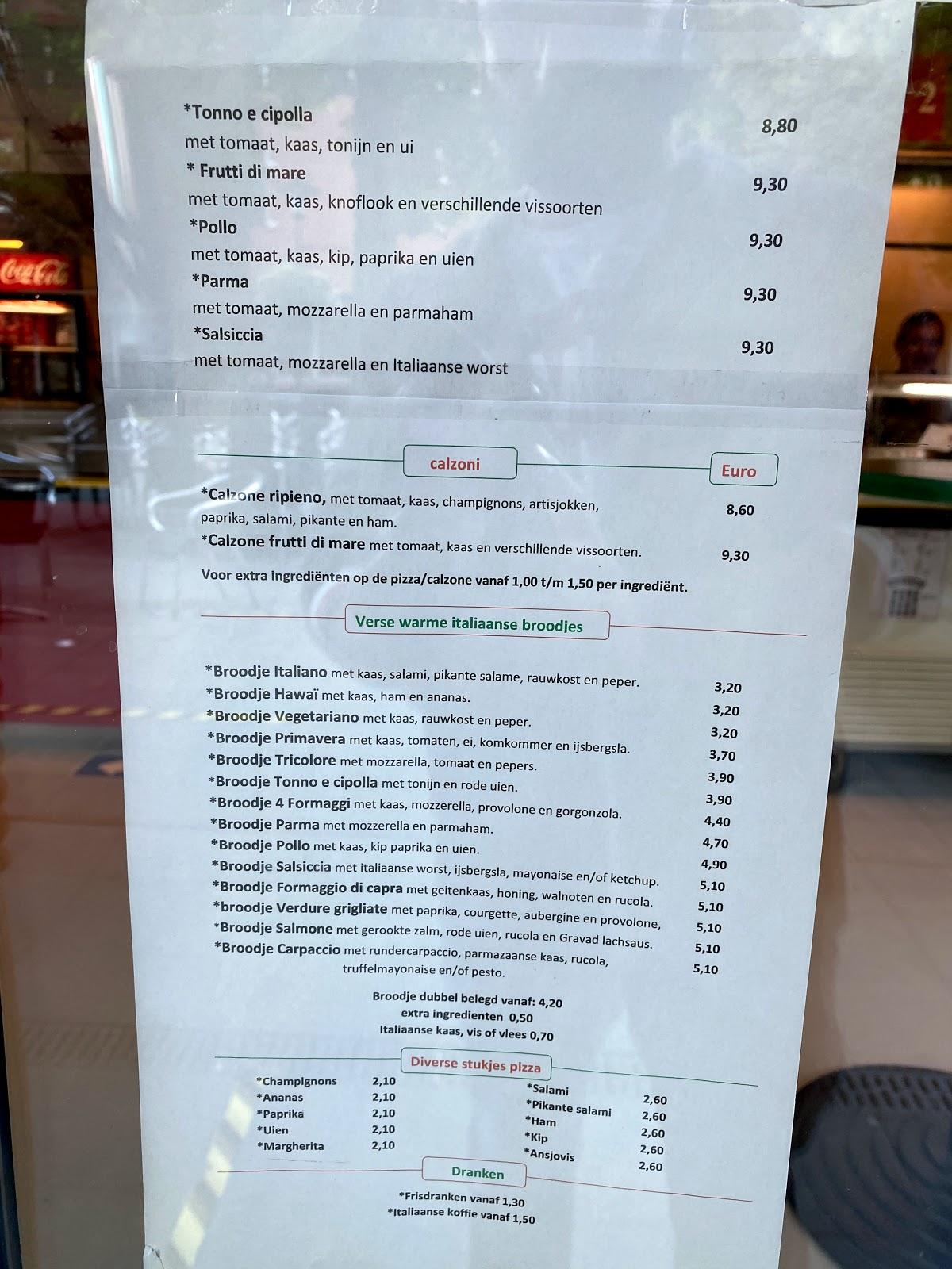 Menu at Pizzeria Tricolore, Utrecht