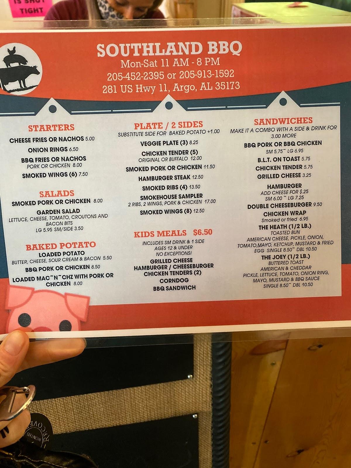 Menu at Southland BBQ, Trussville