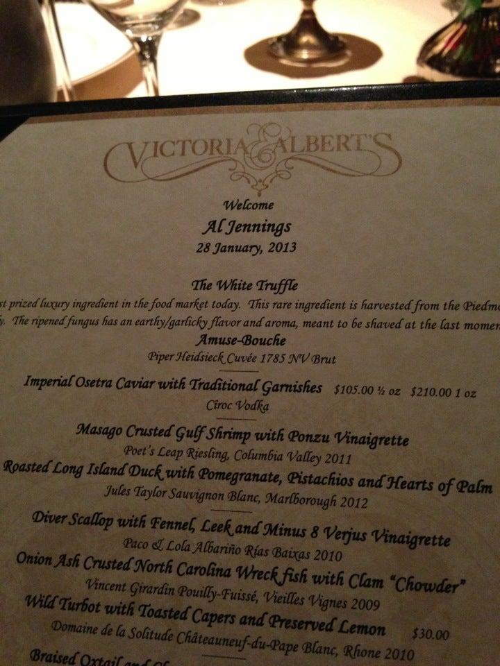 Menu at Victoria & Albert's restaurant, Orlando