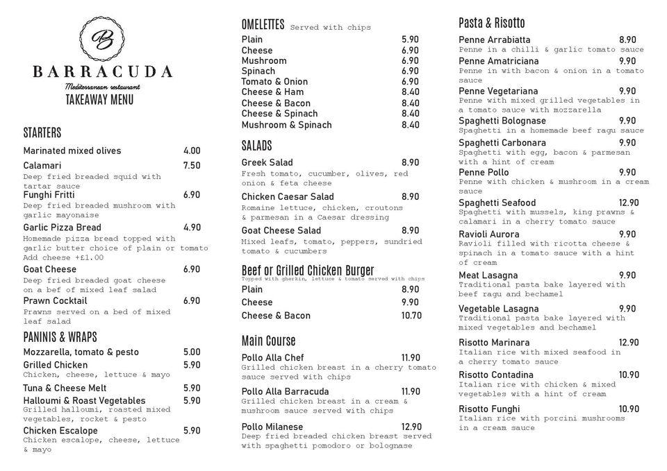 Menu at Barracuda, Bushey, 39 High St