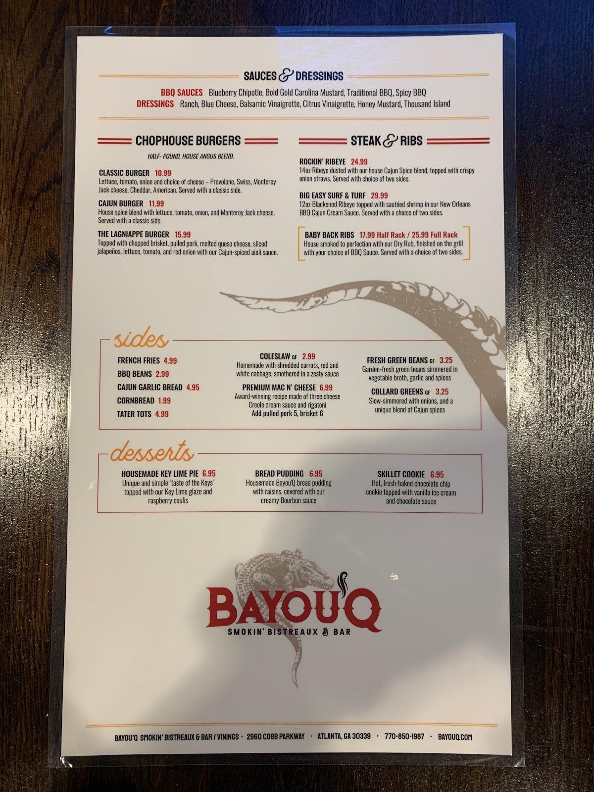 Menu at Bayou'Q Atlanta BBQ, Atlanta