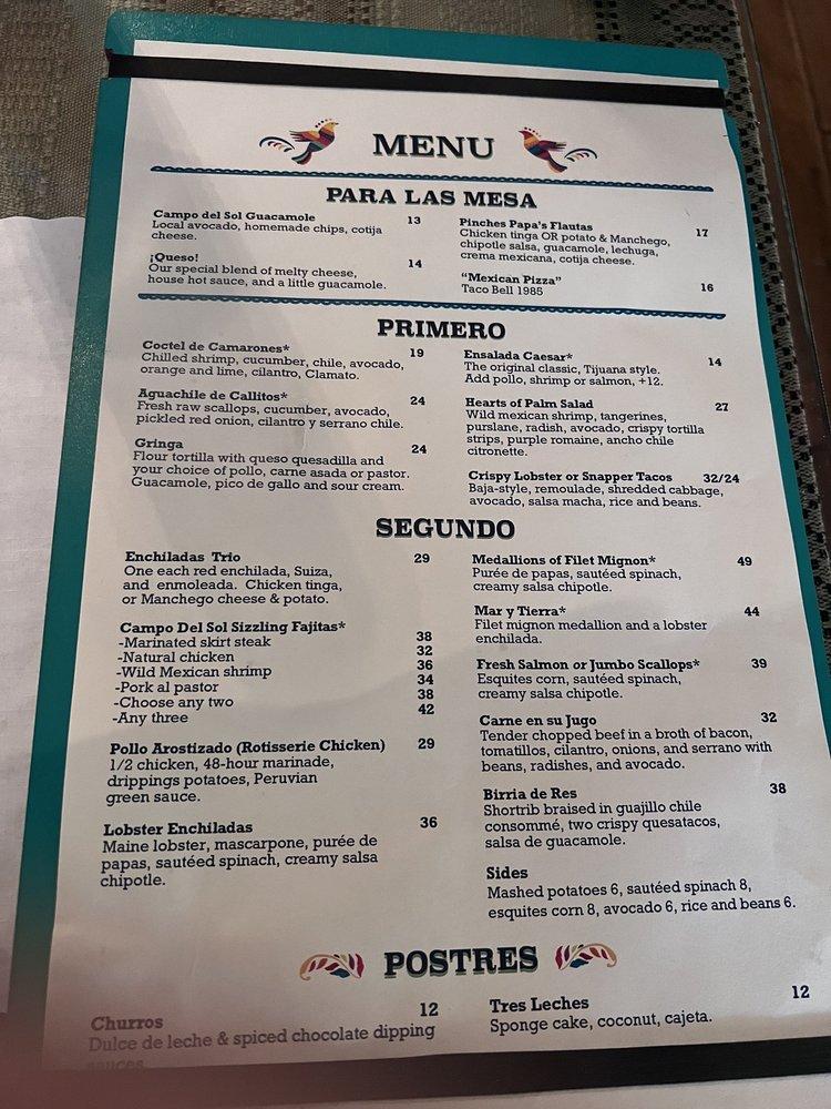 Menu at Campo Del Sol pub & bar, Solvang