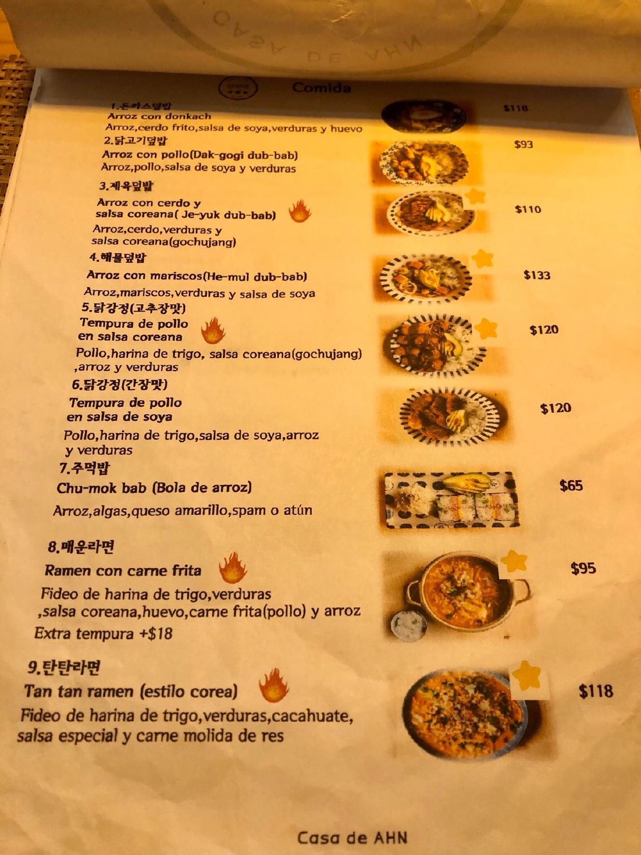 Menu at Casa de Ahn restaurant, San Cristóbal de las Casas