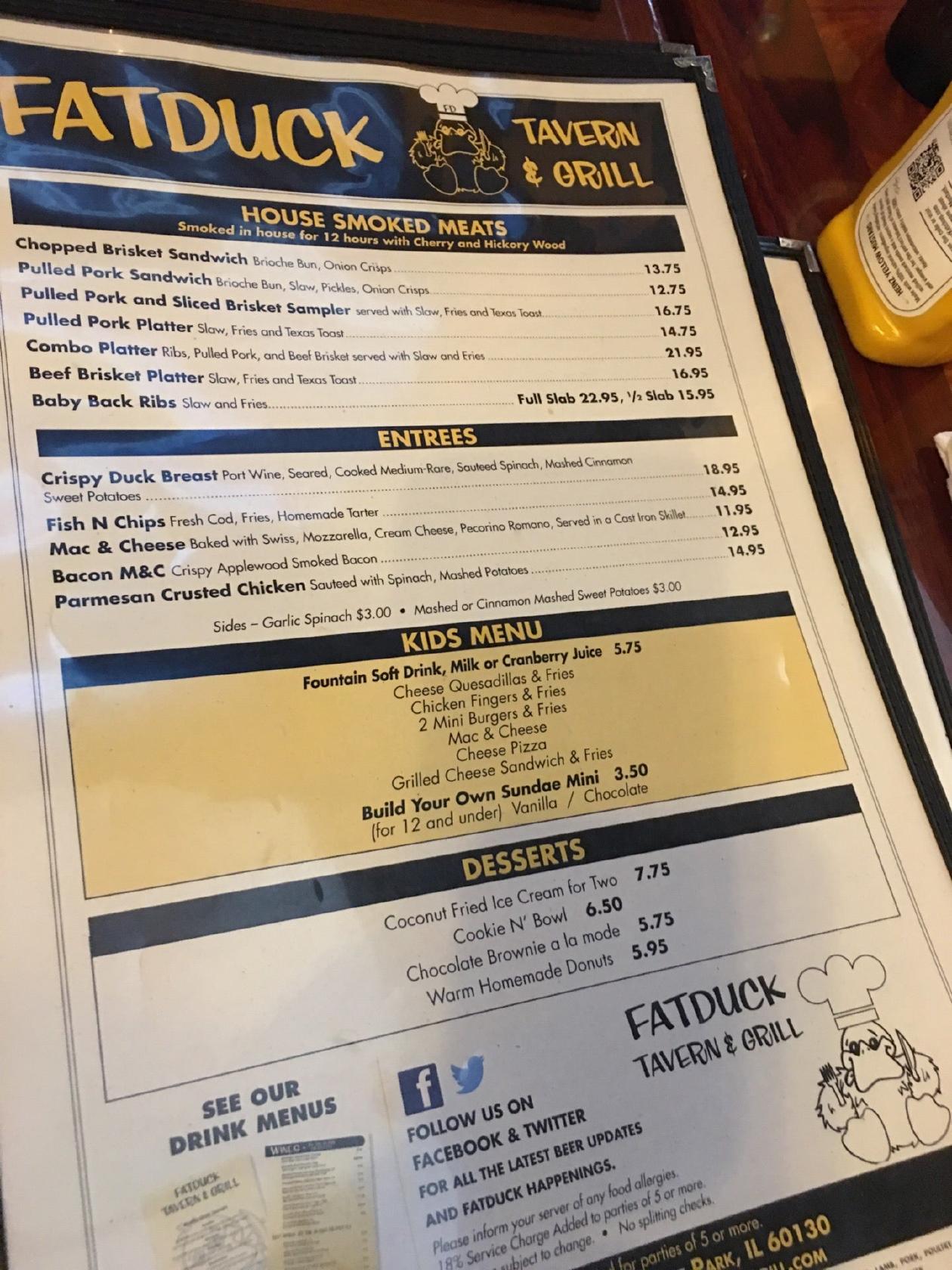 Menu at FatDuck Tavern & Grill pub & bar, Forest Park