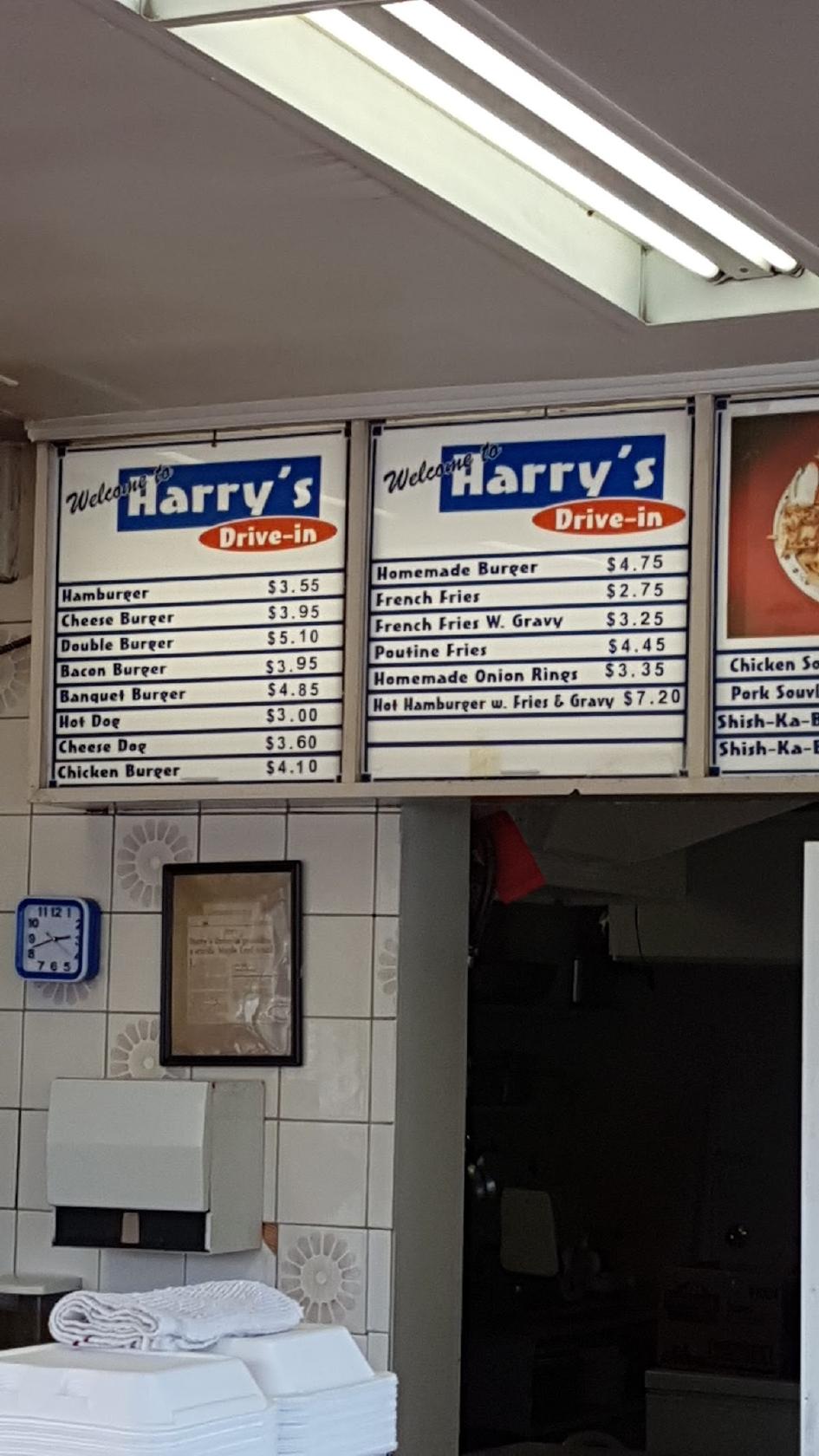 Menu au Harry's Drive-In restaurant, Toronto