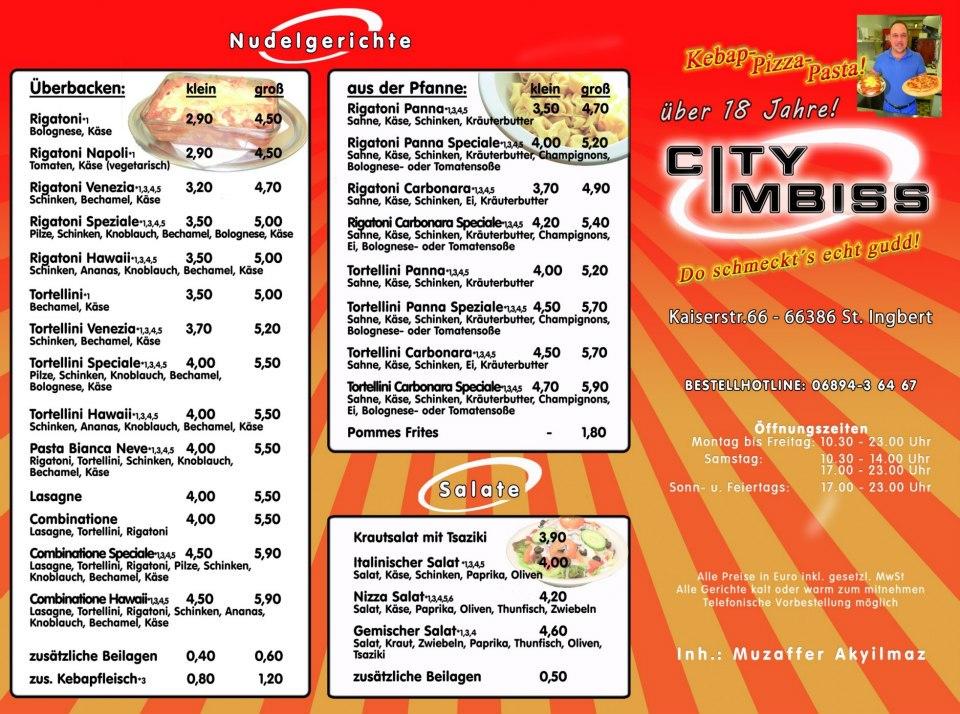 Carta del restaurante City Kebab, Sankt Ingbert