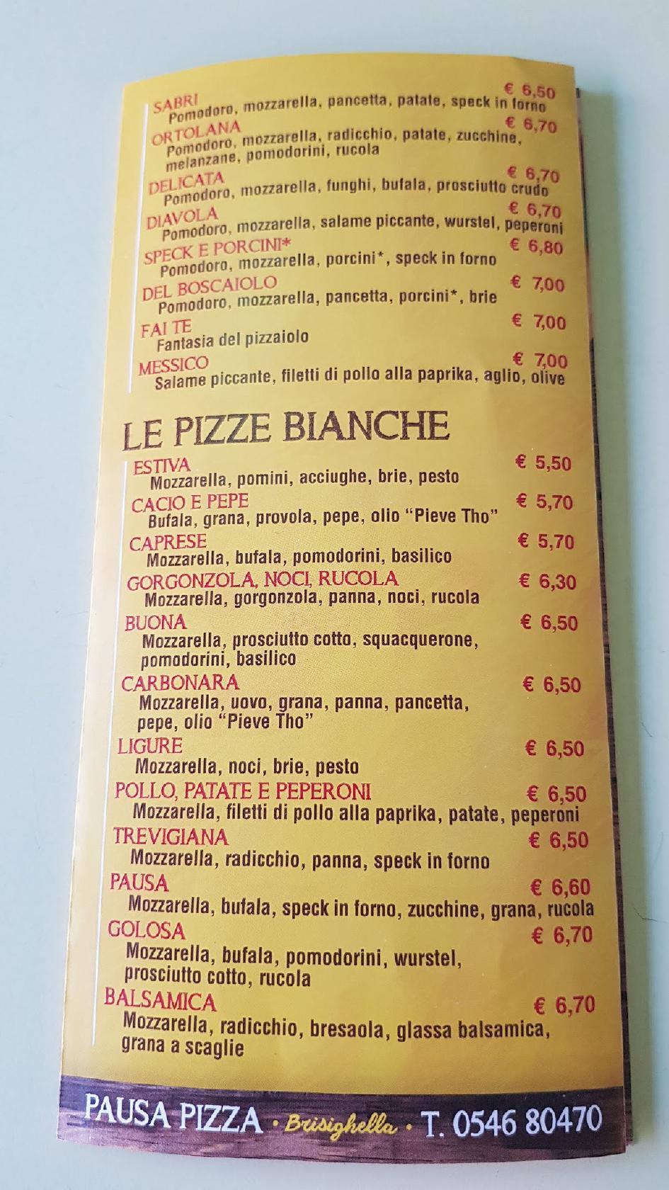 Carta de pizzería Pausa Pizza, Brisighella