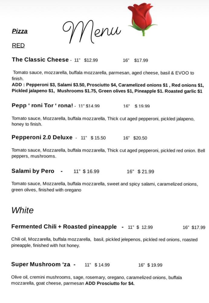 Menu at Rose Pizza pizzeria, Toronto