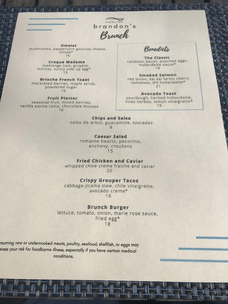 Menu at Brandon's at Tideline Resort restaurant, Palm Beach