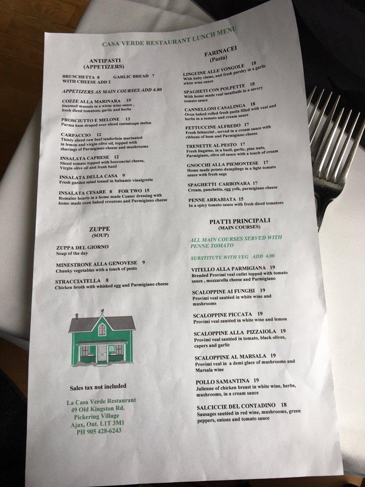 Menu at Casa Verde Ristorante restaurant, Ajax