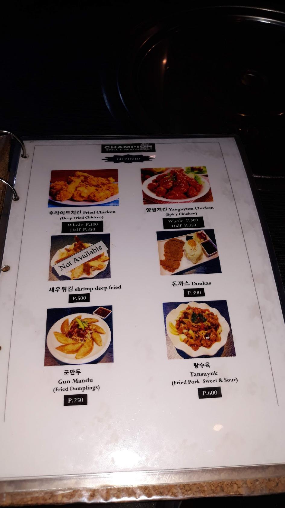 Menu at Champion grill and restraurant 참피온 그릴식당 restaurant, Angeles