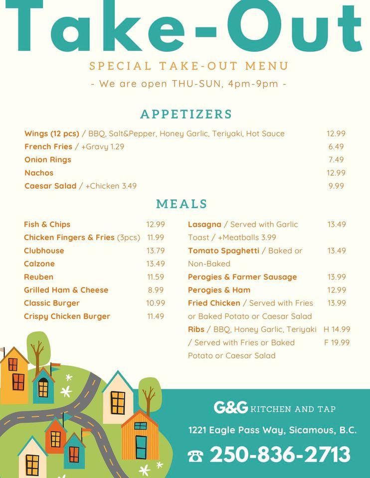 Menu at G&G Kitchen and Tap restaurant, Sicamous, Eagle Pass Way