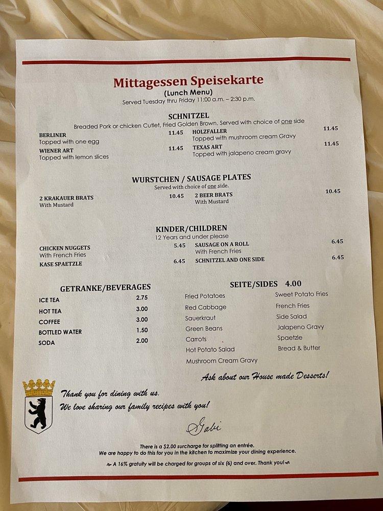 Menu at Gasthaus Berliner Bear restaurant, Beeville