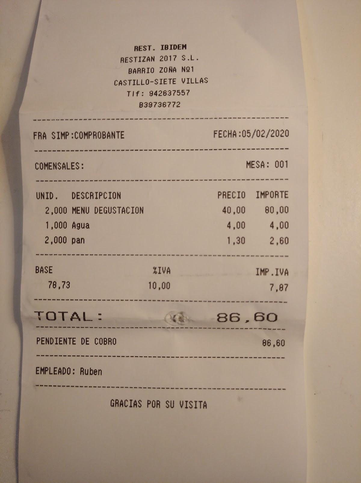 Carta del restaurante Ibidem, Arnuero
