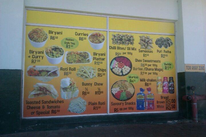 Menu at Kara Nichha's fast food, Pietermaritzburg, Victoria Rd