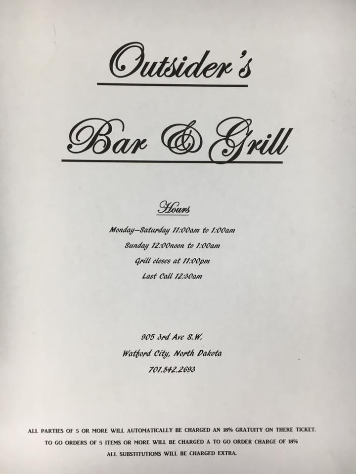 Menu at Outsider's Bar & Grill, Watford City